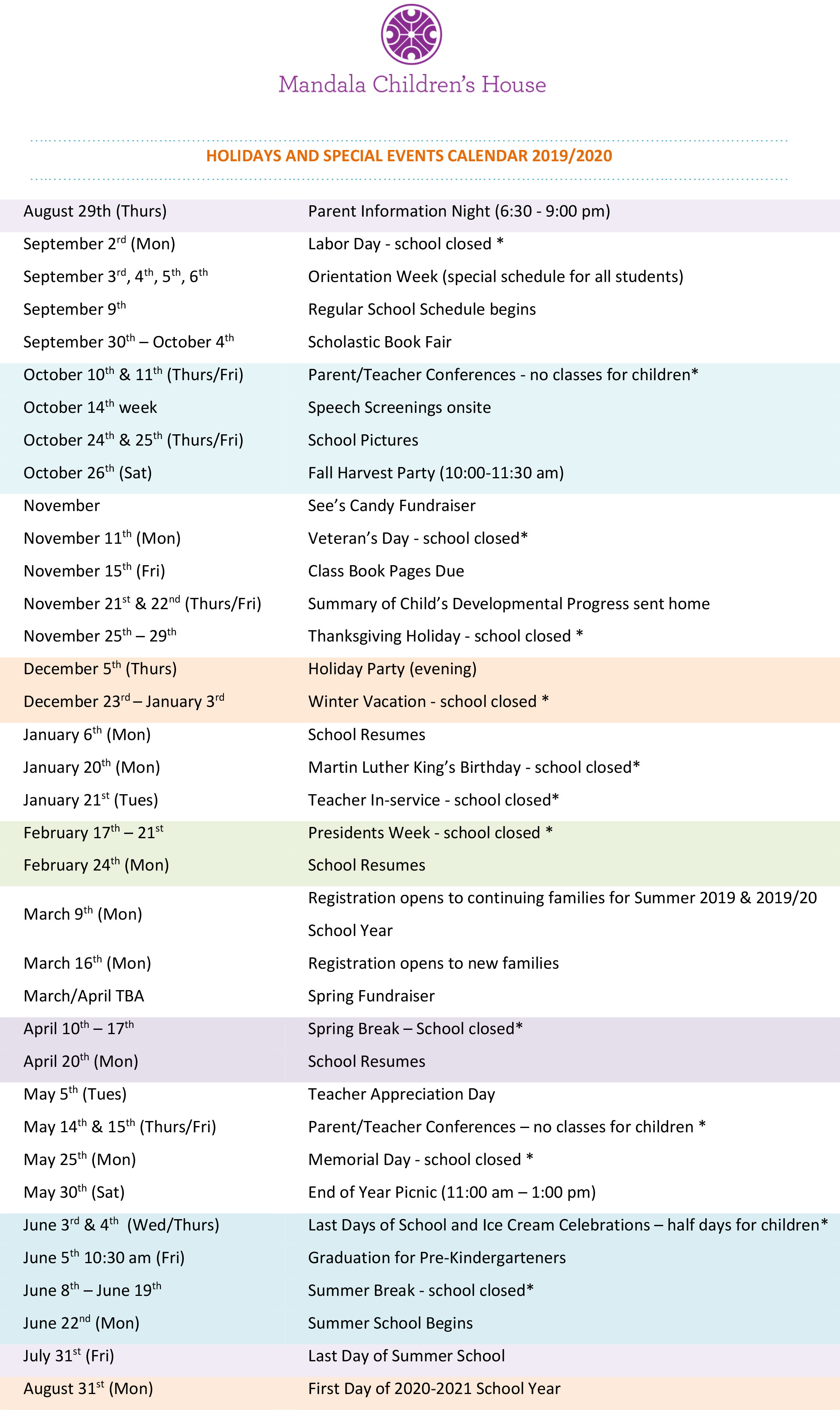 Mandala's Montessori Preschool Calendar